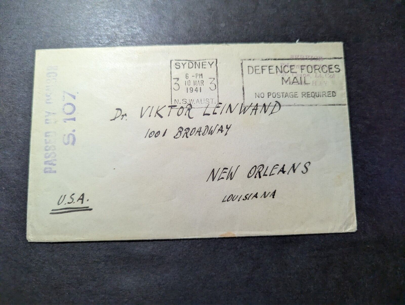 1941 Australia Internment Camp Cover Sydney NSW to New Orleans LA USA ...