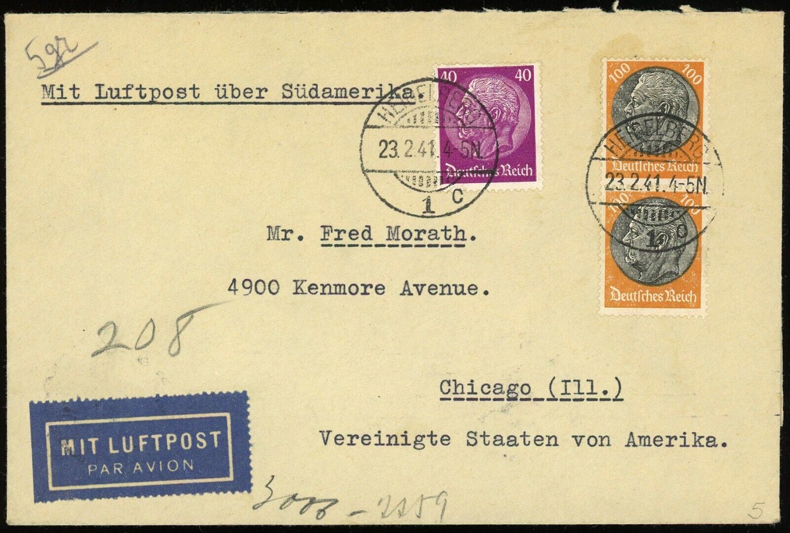 Germany Heidelberg Airmail Cover Postage to USA via South America 1941 ...