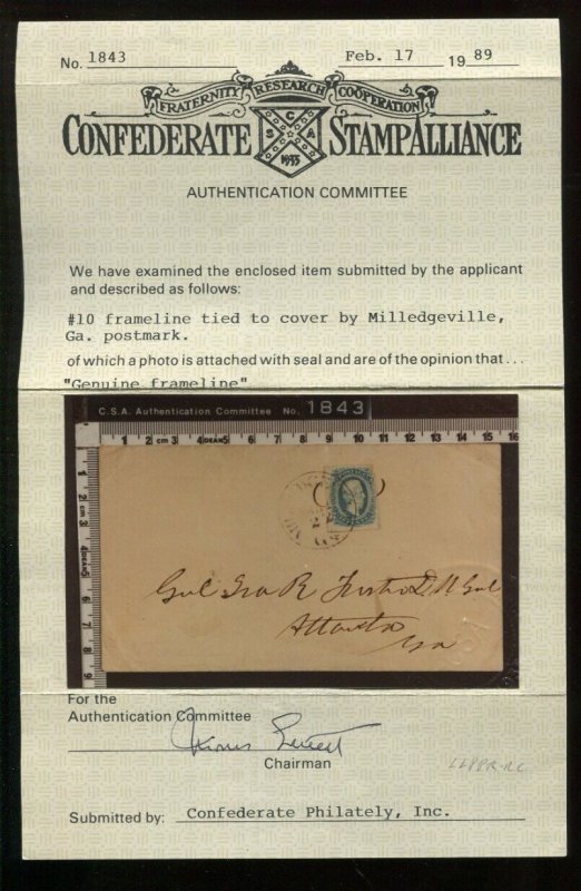 Confederate States 10 Framelines Used on Cover with CSA Cert HV109 ...