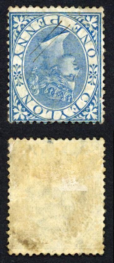 Ceylon SG61 1d Blue Perf 14 Wmk INVERTED Manuscript Cancel Cat 300 ...
