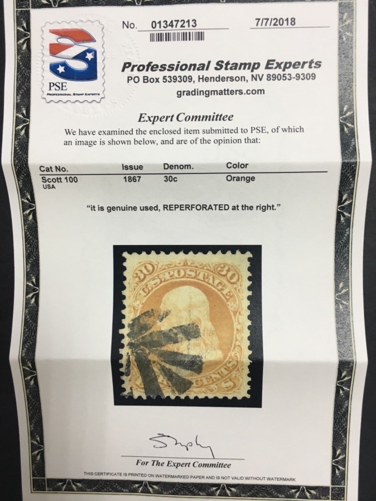 US Stamps #100 Grilled Used PSE Certificate | United States, General ...