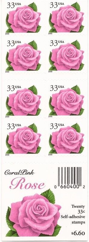 US Stamp - 1999 33c Coral Pink Rose - Booklet of 20 Stamps #3052Ef ...