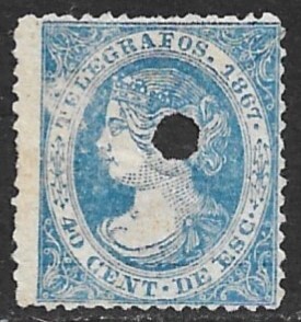 SPAIN 1867 40c ISABELLA II Telegraph Stamp Hisc. 18 VFU Punch Hole Cxl ...