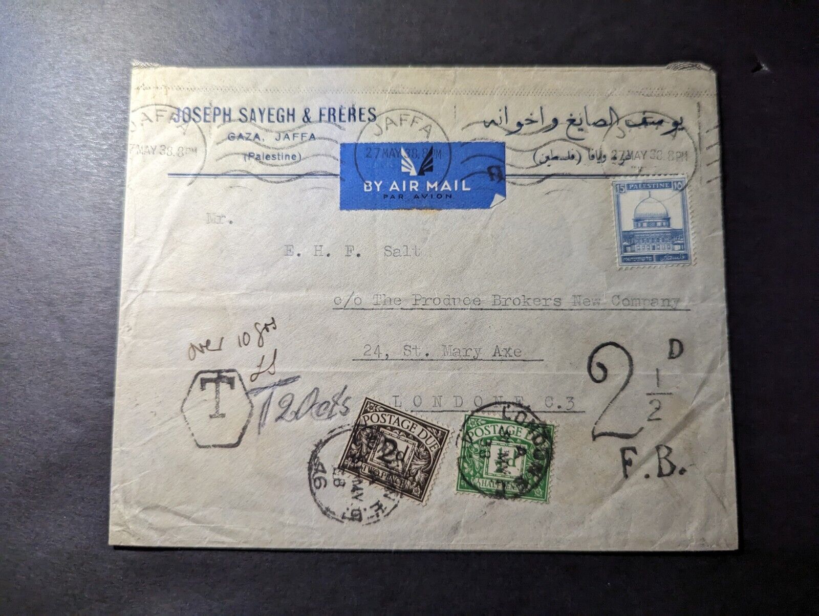 1938 Palestine Postage Due Airmail Cover Gaza Jaffa to London EC3 ...