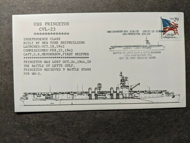 USS PRINCETON CVL-23 Naval Cover 1994 SUNK WWII Cachet USS ST. LO CVE ...