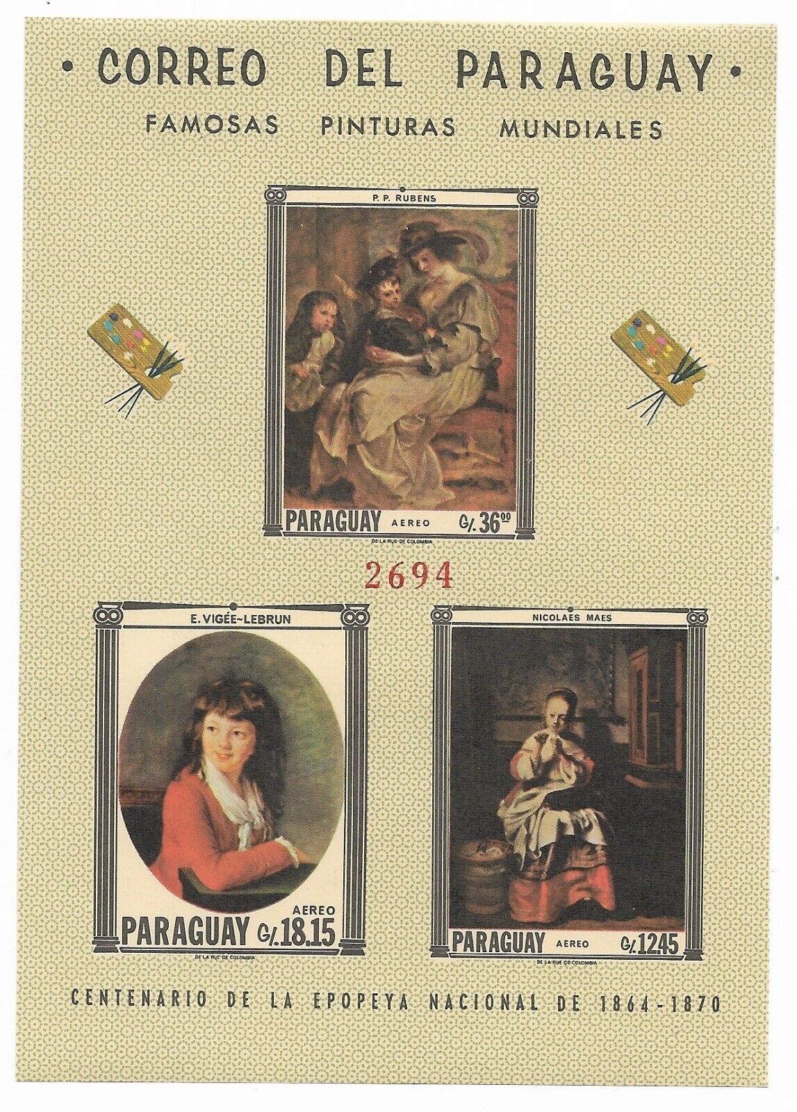 Paraguay 1967 Famous Paintings ART Painting Souvenir Sheet Imperforated ...