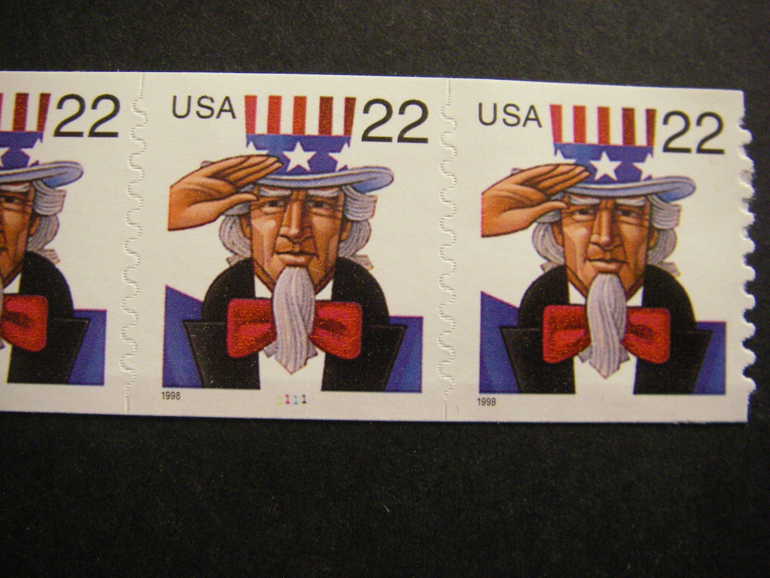 Scott 3263, 22 cent Uncle Sam, PNC3 in strip of 5 #1111, MNH Coil ...