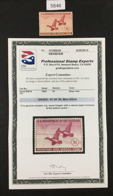 US Stamps # Rw10 Mint OG NH SMQ *Pse Graded Vf-Xf 85 Cert** $150 Lot ...