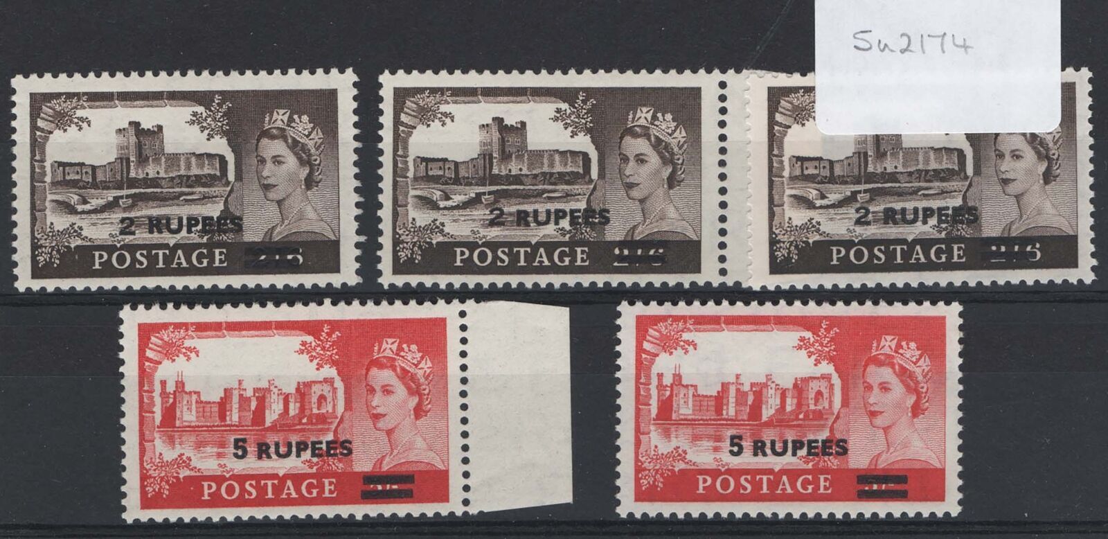 British PO E Arabia 1955 Castle surcharges 2/6d types I - III, 5s types ...