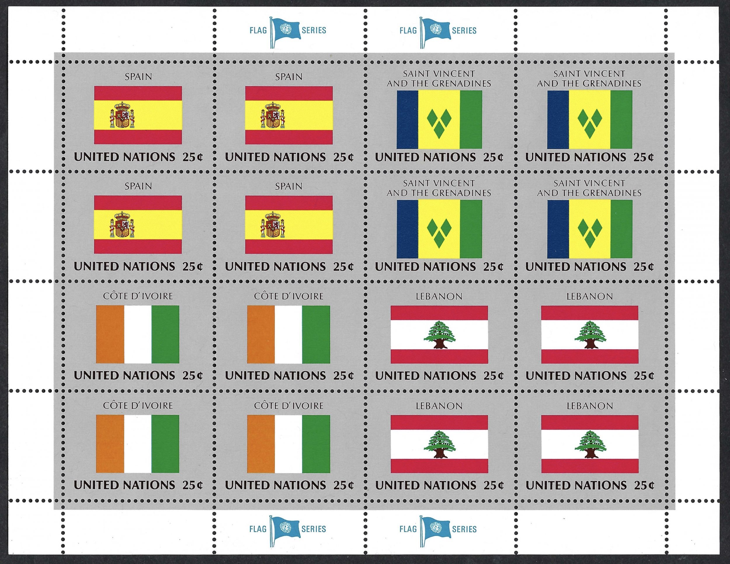 United Nations #528-543 25¢ World Flag Series (1988). 4 full sheets ...