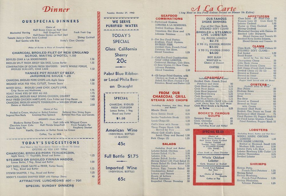 Ephemera: Circa 1950 - Bookbinders' Menu, the Philadelphia Seafood ...