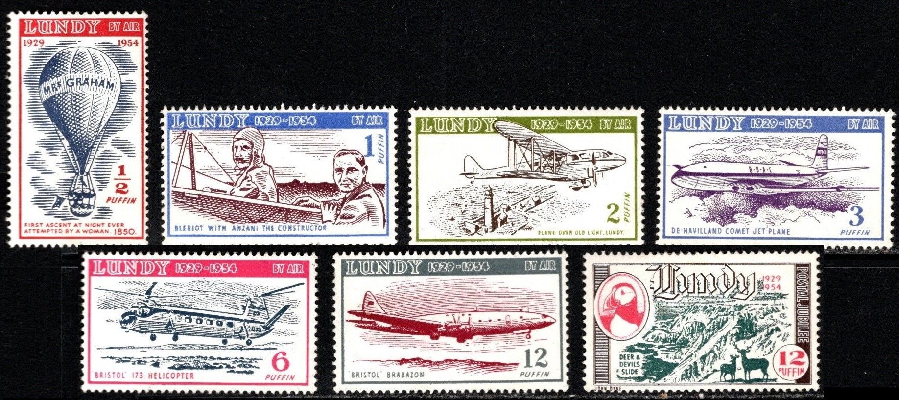1954 Lundy Island Fantasy Pictorials 1/2 Puffin-9 Puffin Values Set/6 ...