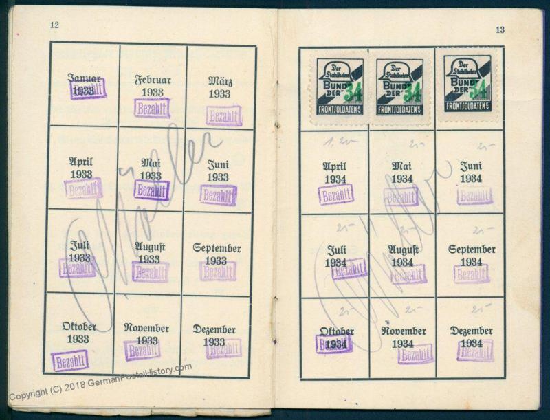 3rd Reich NSDAP DFB Stahlhelm Membership Book Dues Revenue Stamp 78839 ...