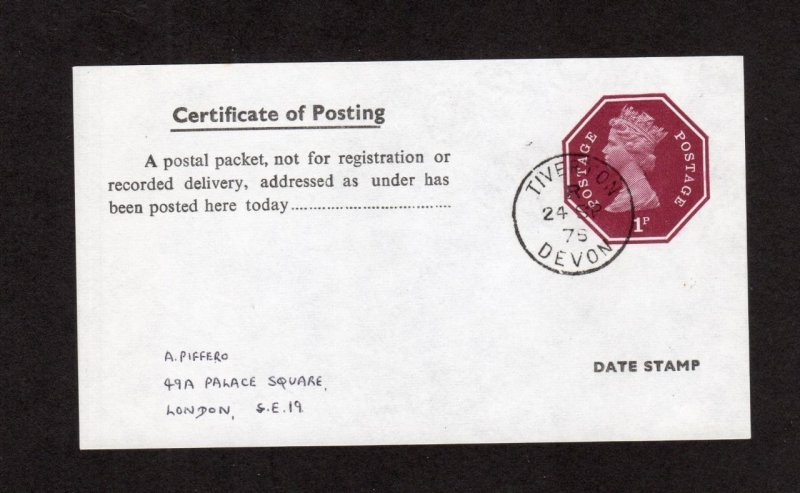 1971 Certificate of Posting With Pre-Printed Octagonal 1p Machin ...