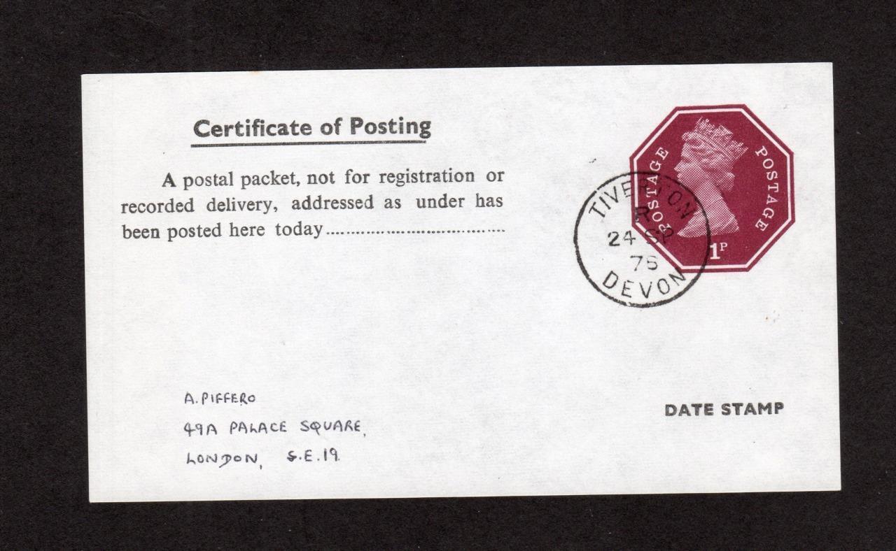 1971 Certificate of Posting With Pre-Printed Octagonal 1p Machin ...