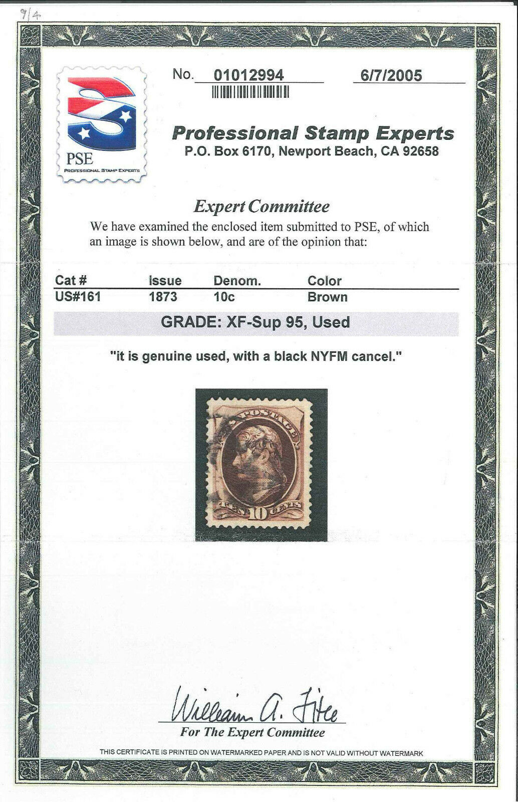 Scott 161 used w/ black NYFM cancel XF-Superb 95 PSE Cert SMQ $250 (9/ ...