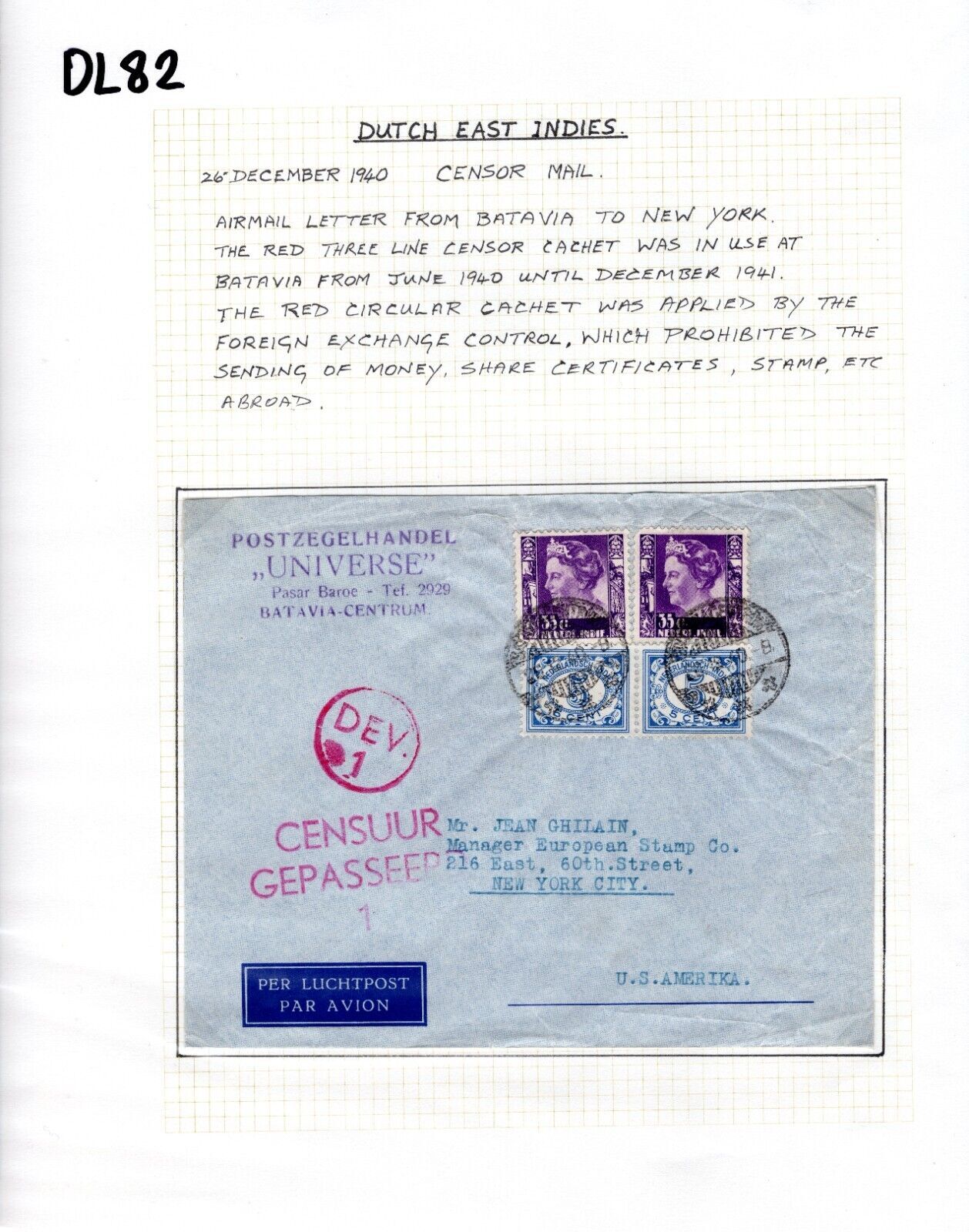 DUTCH EAST INDIES WW2 Cover 1940 Air Mail Batavia Censor *DEV/1* USA ...