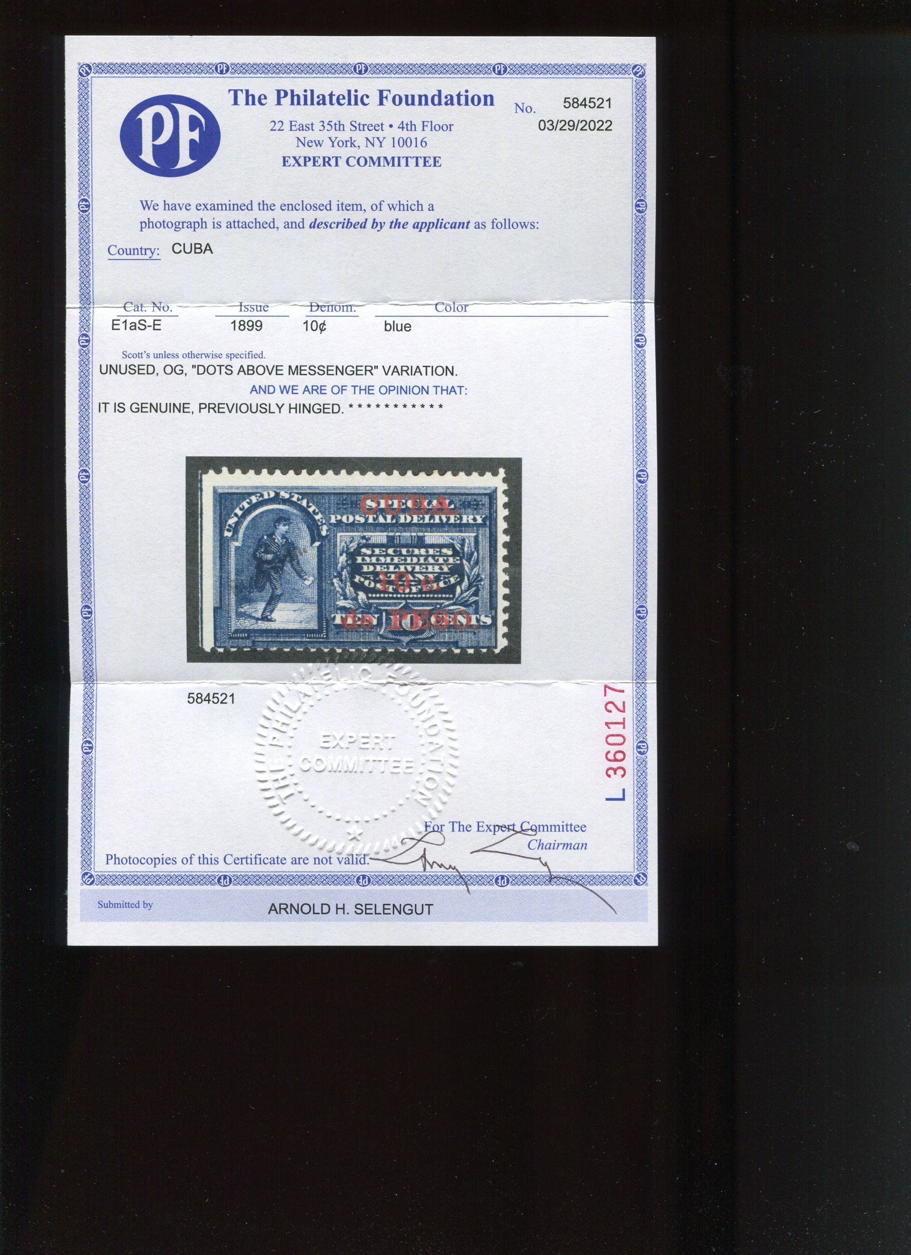 CUBA E1Sa Special Delivery 5 Dots in Frame Above Head Specimen Stamp w ...