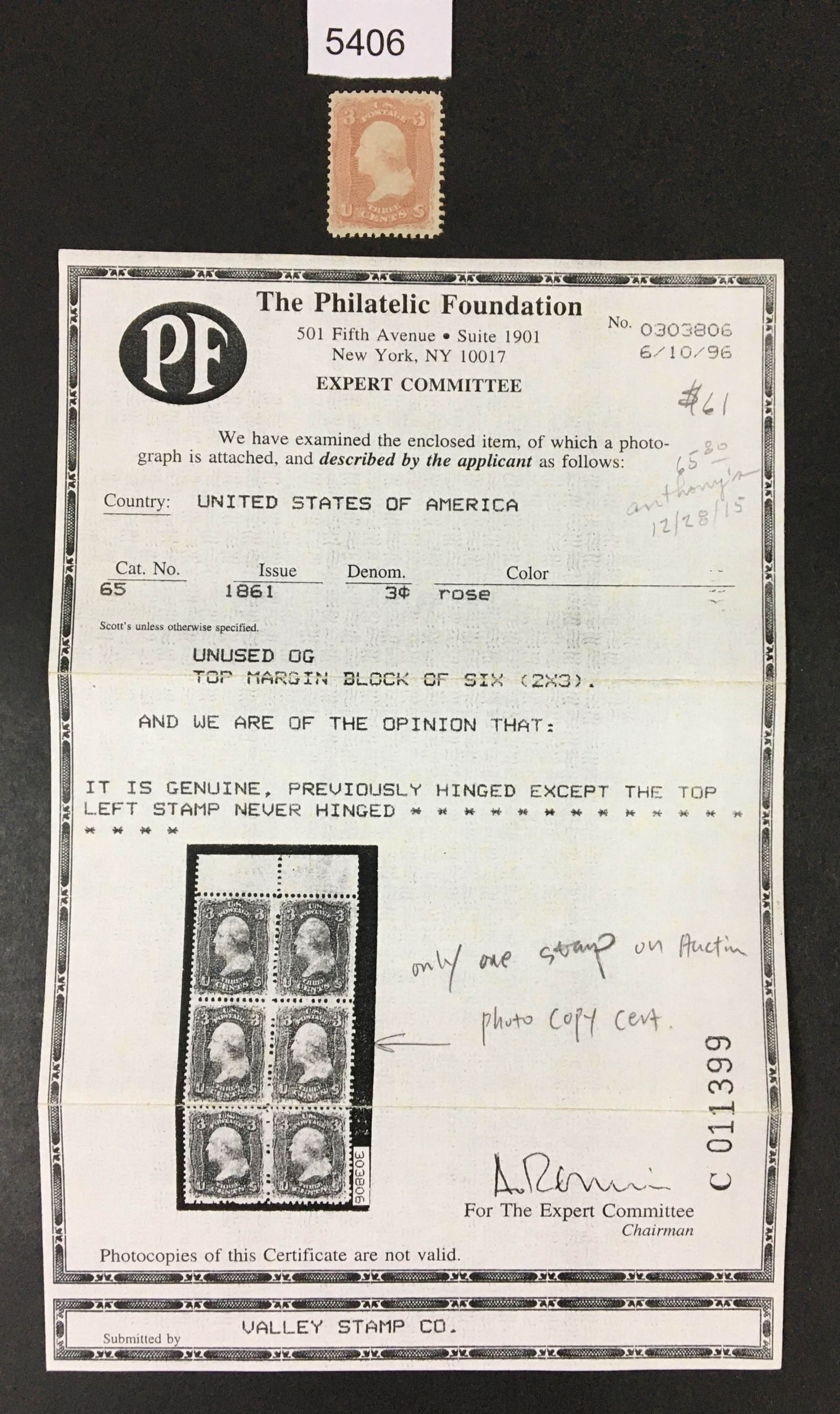 US Stamps # 65 Mint OG NH *** PF Cert *** CAT. $300 LOT #5406 | United ...