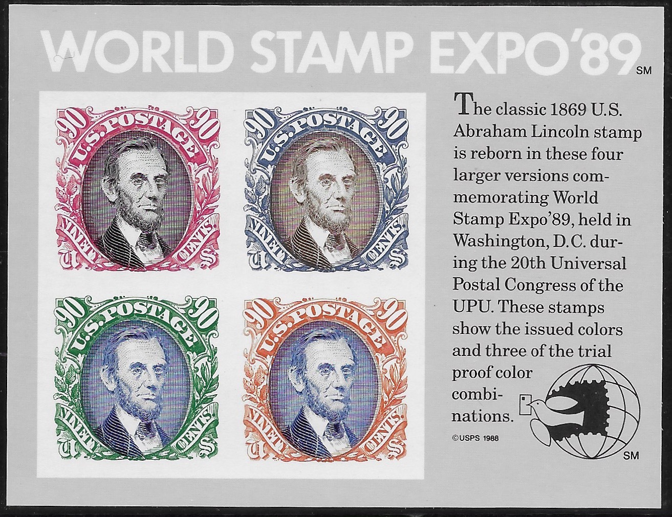 US #2433 mini sheet. World Expo'89. Lincoln Stamp in 1869 is reborn ...