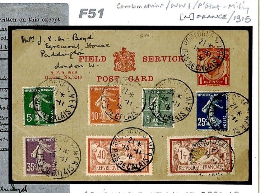 GB FRANCE WW1 COMBINATION FRANKING Military Stationery Civilian PO 1915 ...