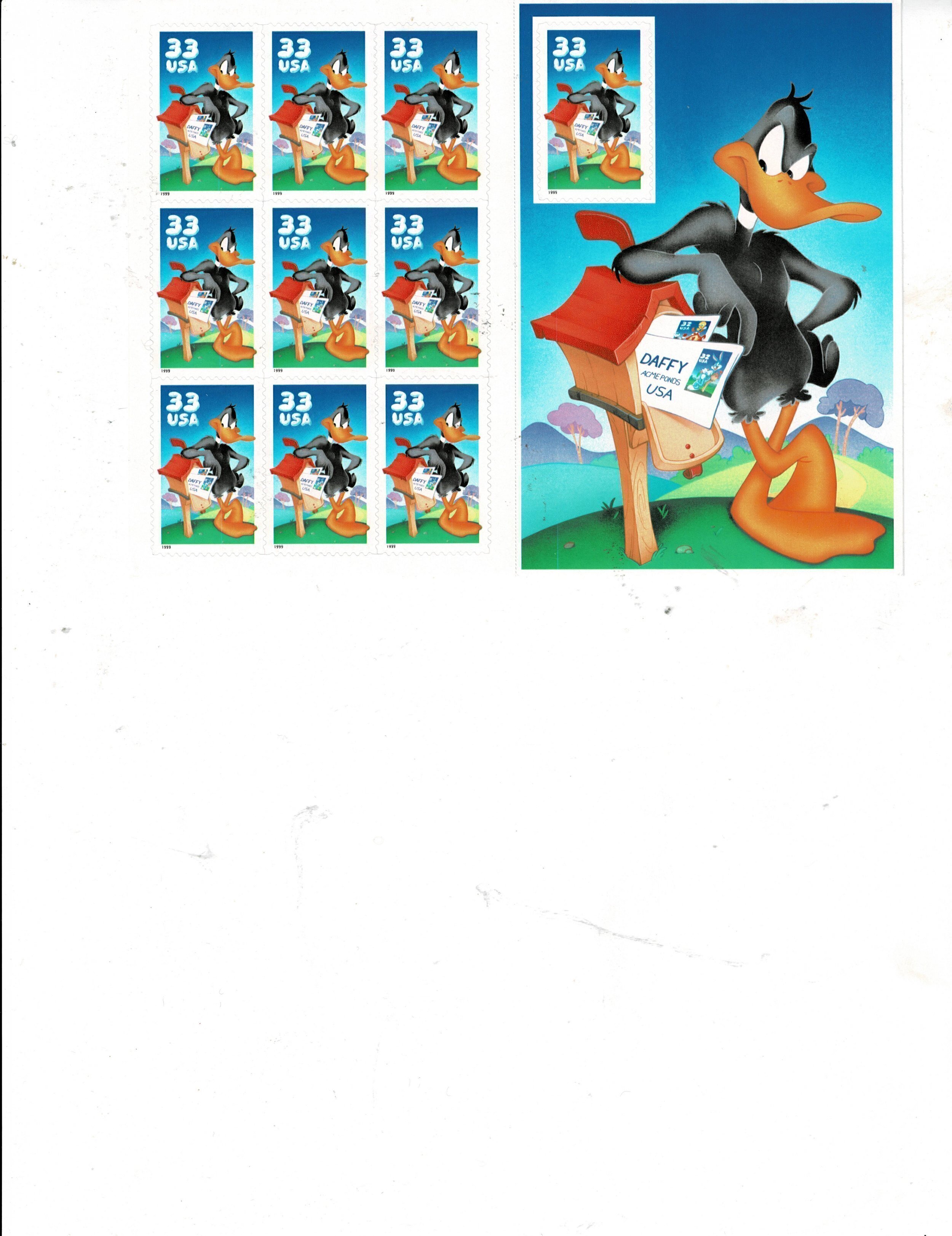 Daffy Duck with one Imperf stamp 33c US Booklet Postage Pane of 10 ...