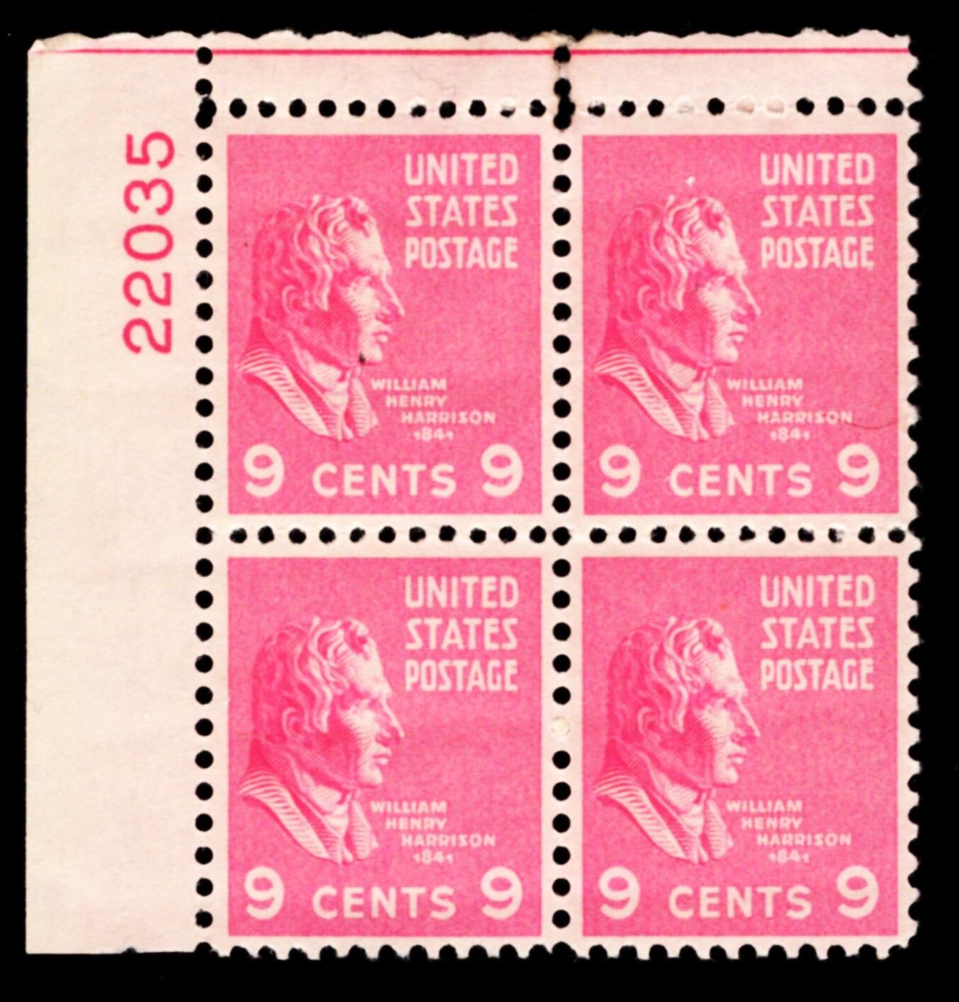 US 814 MNH VF 9 Cent William Henry Harrison Plate Block of 4 UL #22035 ...