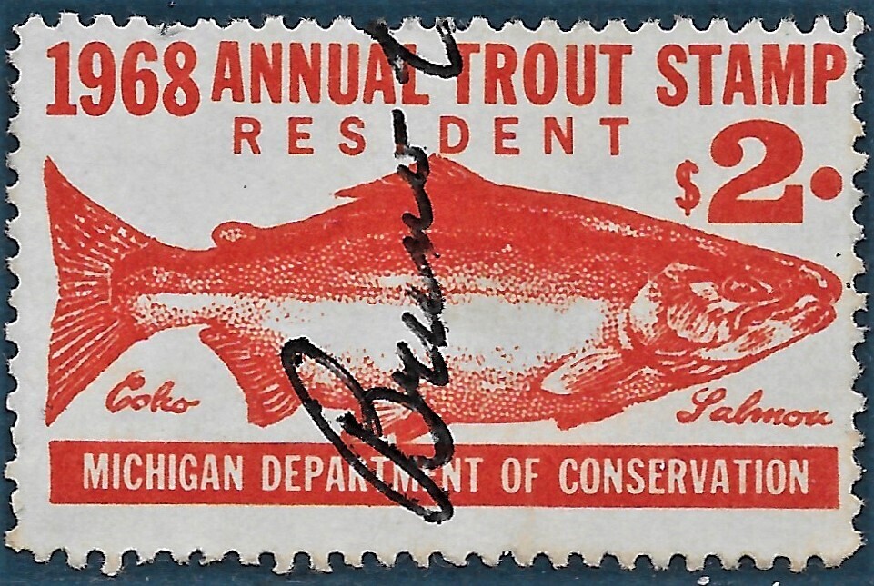 US 1968 MI Resident Trout Stamp used, short perf @ UL | United States ...
