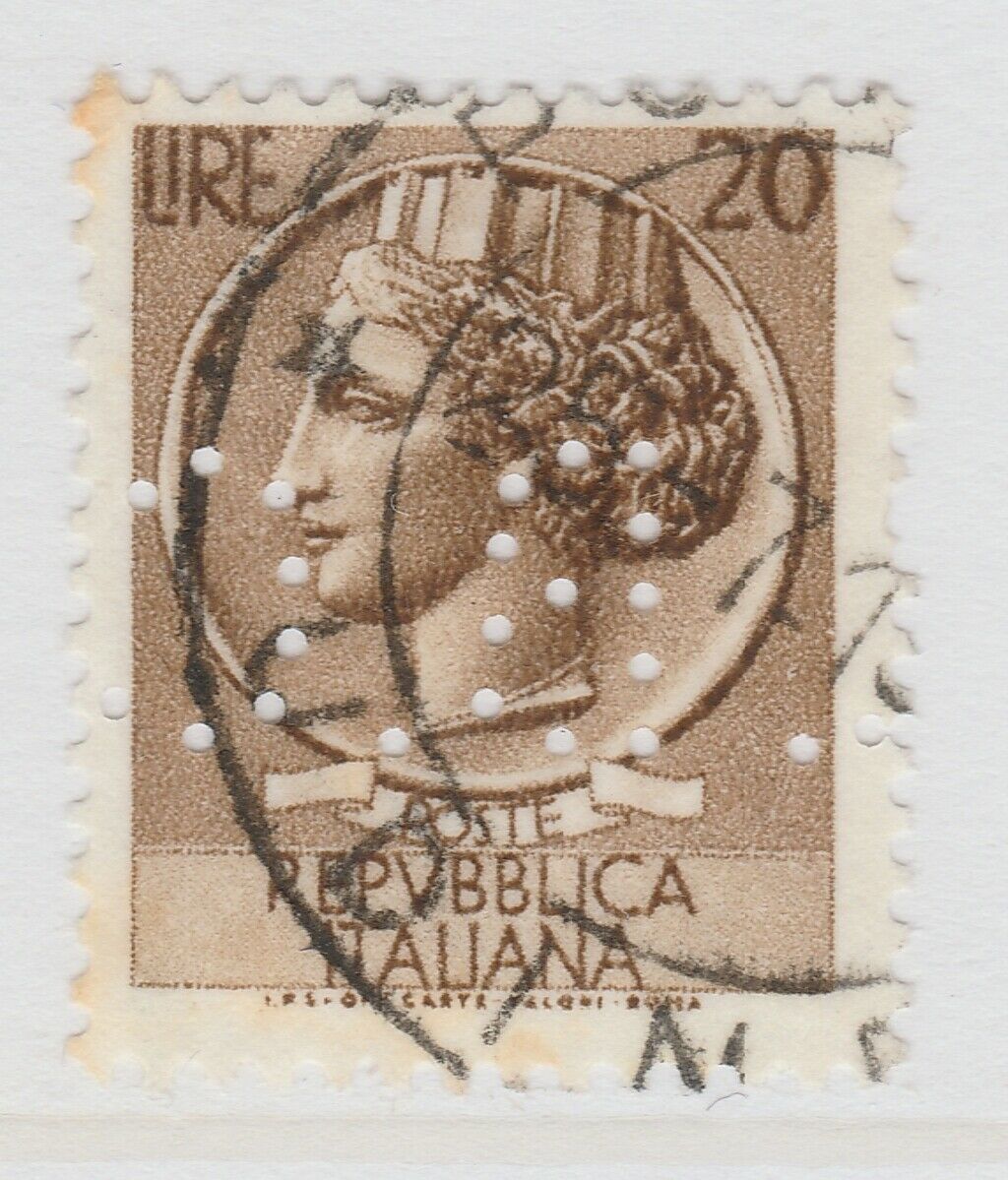 Italy Republic Turrita 1955-60 Wmk Star Stella 20L Used Stamp Perfin ...