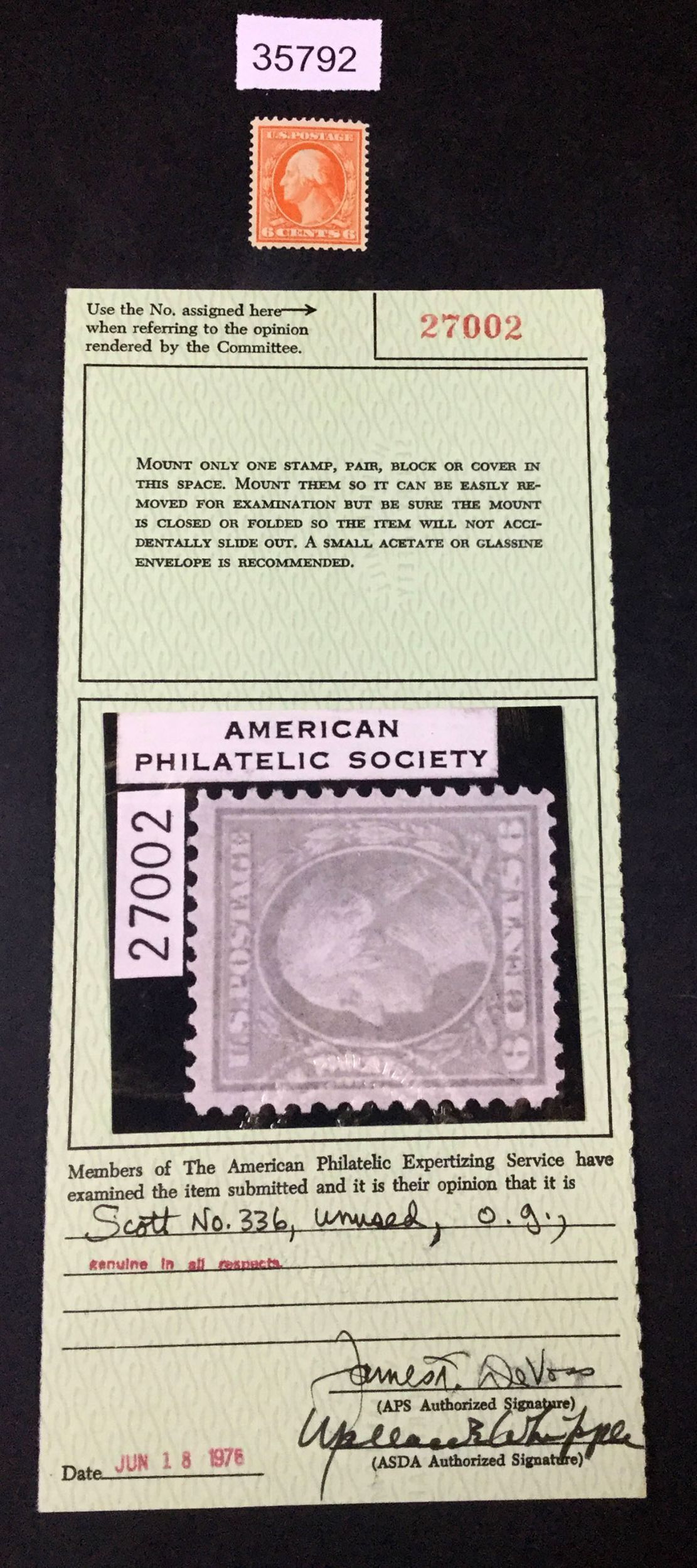 US Stamps #336 Mint OG H XF **** APS Certificate **** LOT #35792 ...