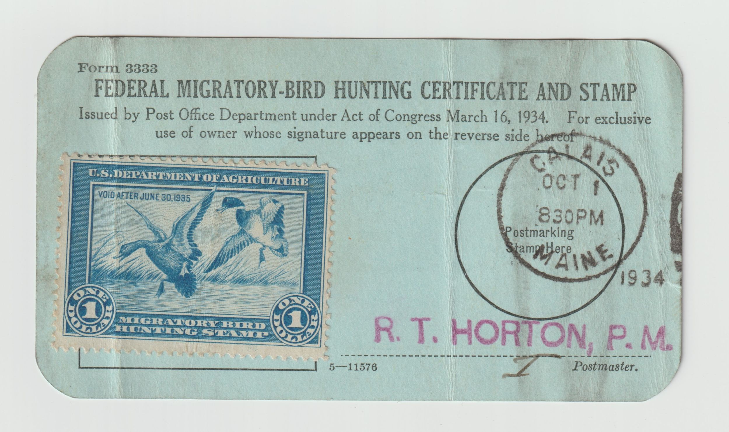 Federal Duck Form 3333 - 1934 RW1 - Oct. 1 Maine (Early Issue Date ...