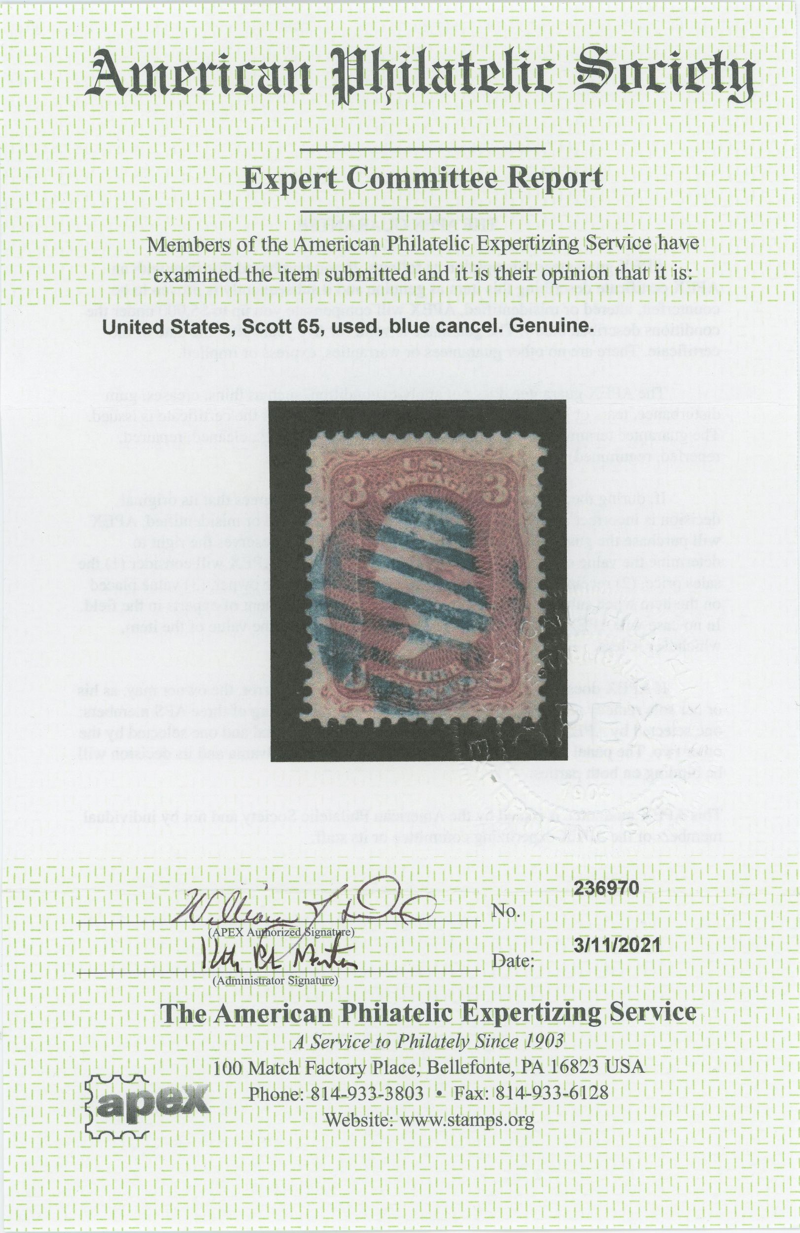 USA 65 - 3 cent Washington - XF Used - Blue Circle of Bars Cxl - APS ...