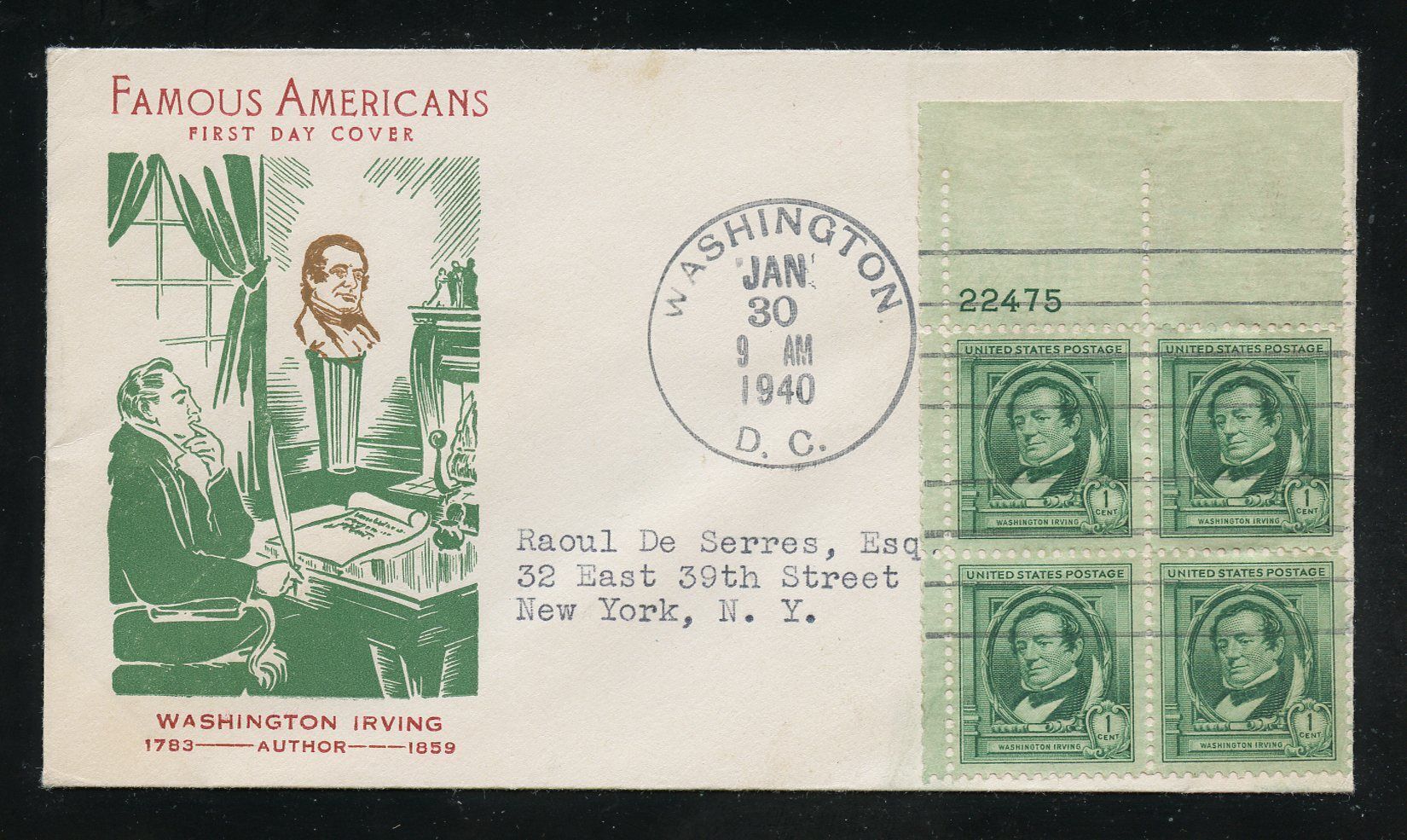 US 859 PB M=4 Washington Irving Famous American Fidelity cachet SDC ...