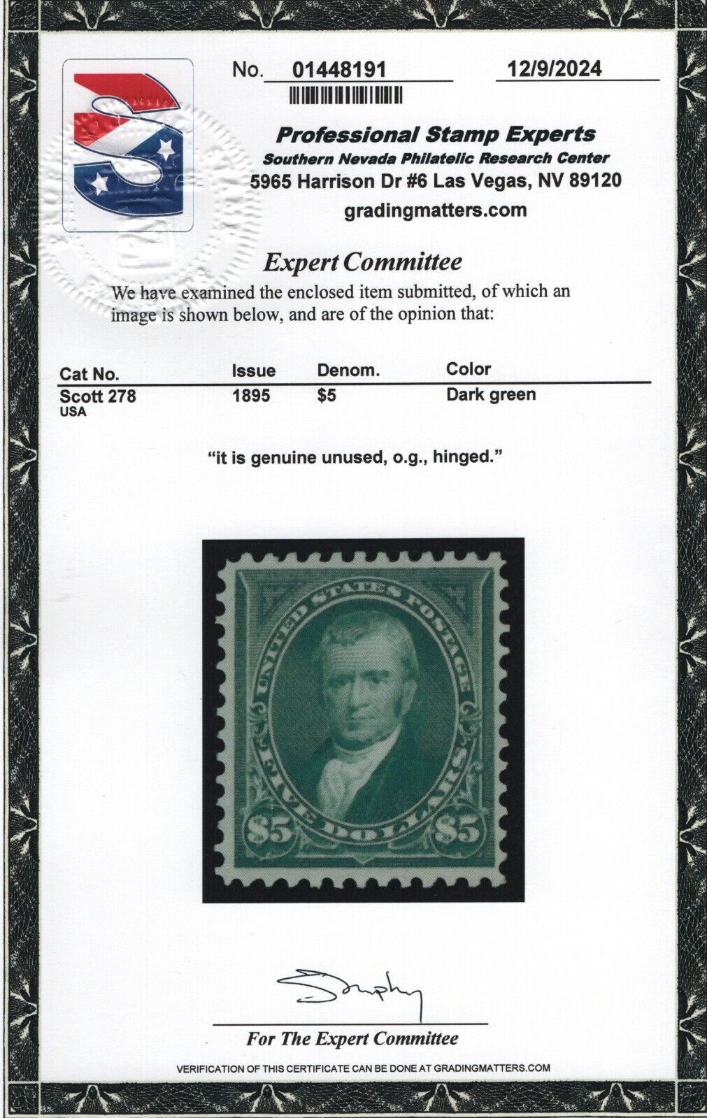 278 VF OG previously hinged PSE certificate nice color cv $ 2000 ! see ...