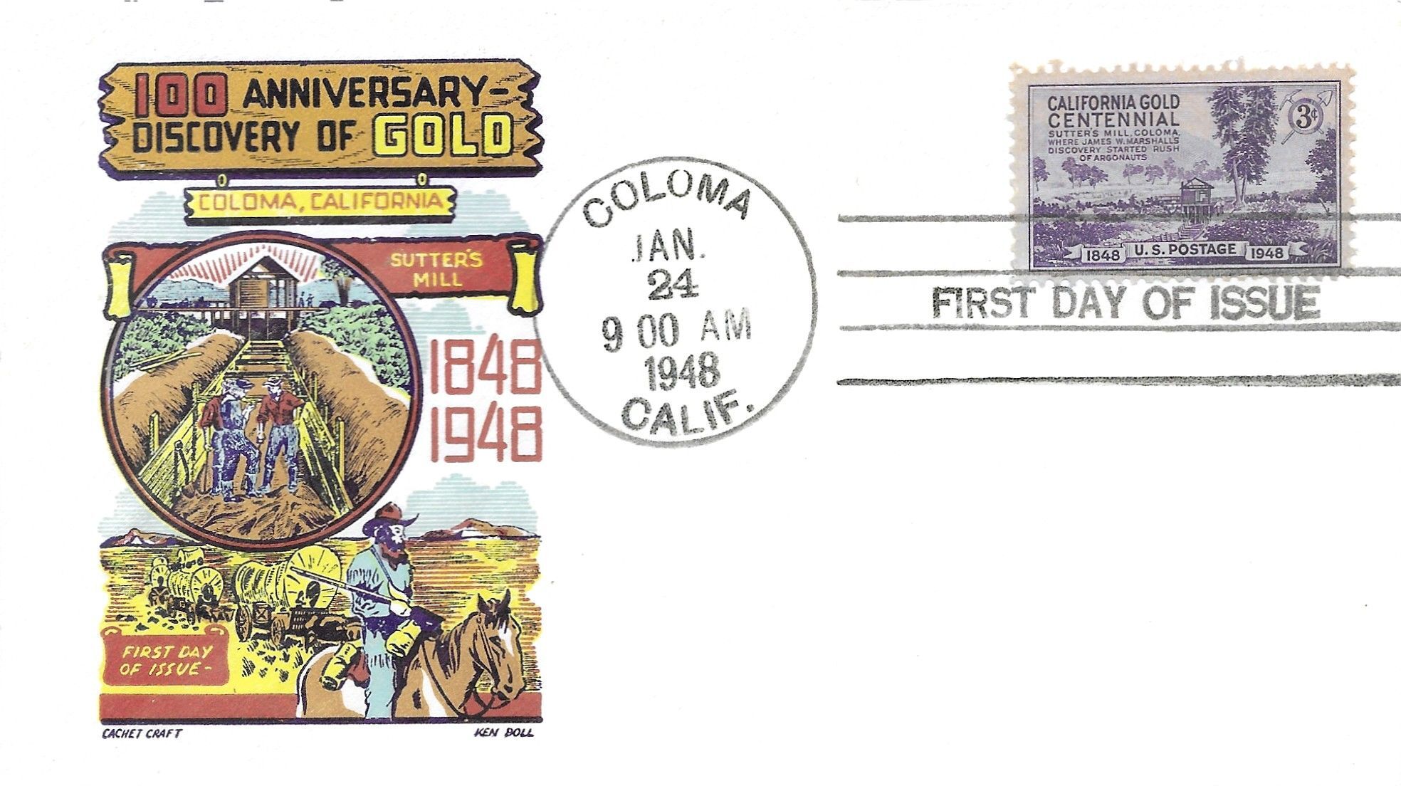 1948 FDC, #954, 3c California Gold Centennial, Cachet Craft/Boll M-2 ...