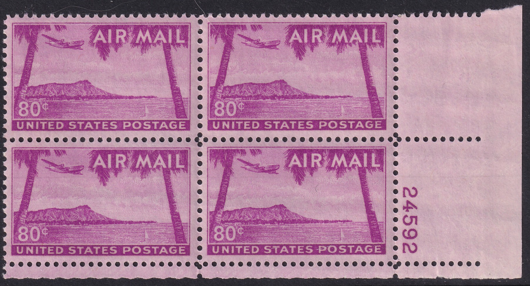 Sc# C46 U.S.1952 Diamond Head Honolulu Hawaii 80¢ airmail Plate Blk MNH ...