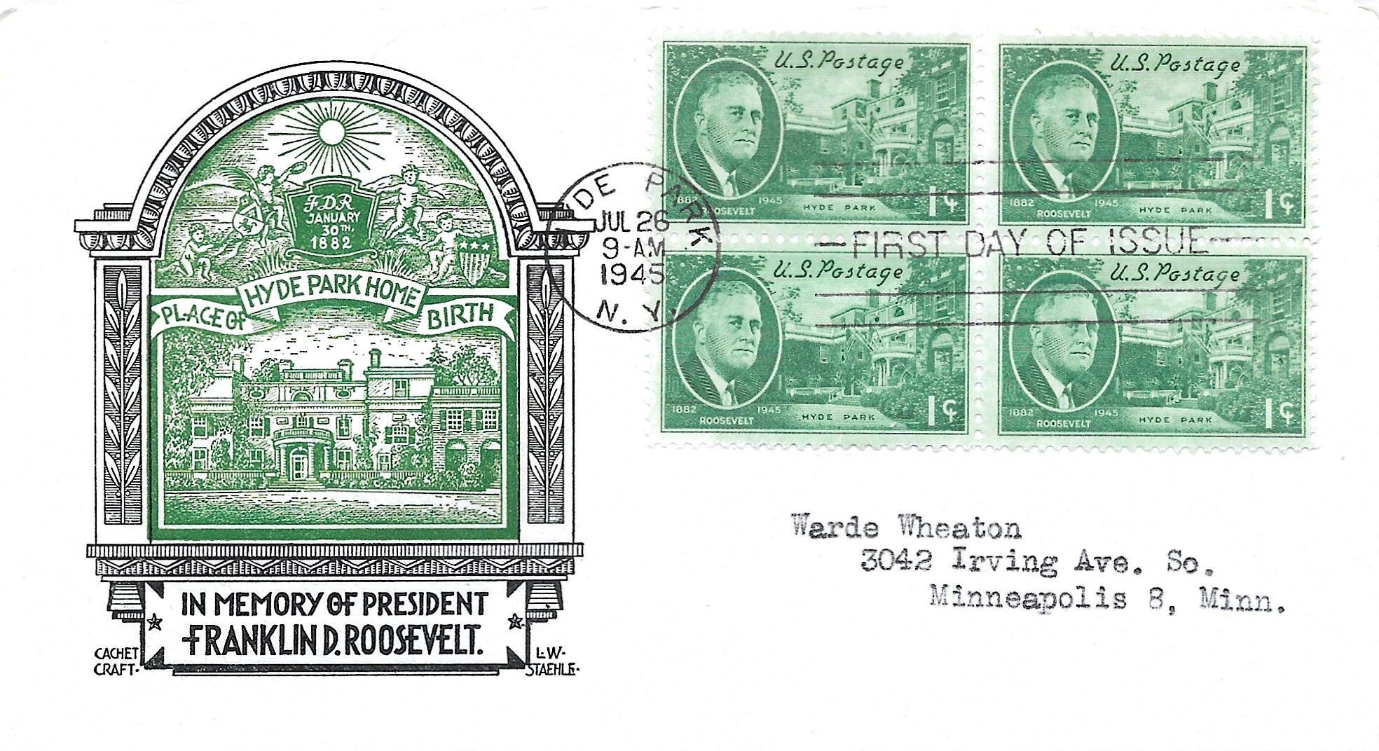 1945 FDC, #930, 1c Franklin D. Roosevelt, CC/Staehle, block of 4 ...