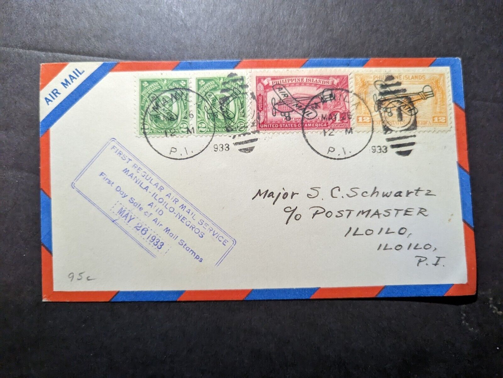 1933 Philippines Airmail First Flight Cover FFC Manila to Iloilo PI ...