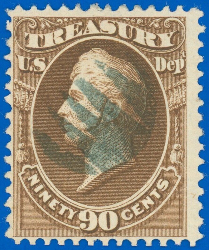 US Scott #O82 90¢ TREASURY DEPT OFFICIAL, Blue S.O.N. "GEOMETRIC" Fancy ...