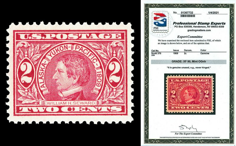 Scott 370 1909 2c Alaska-Yukon Issue Mint Graded XF 90 NH with PSE ...