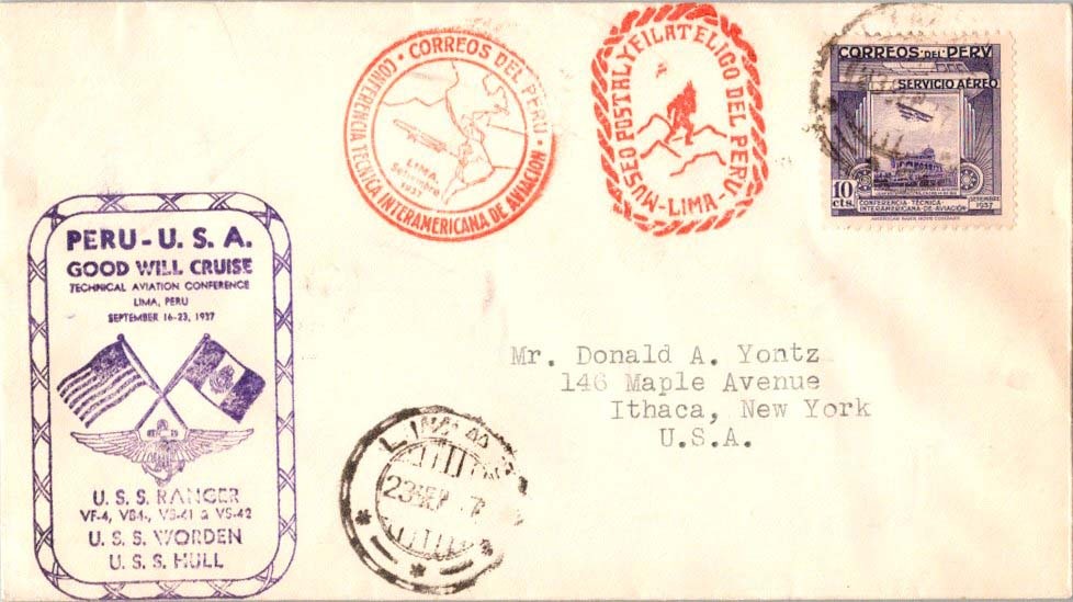 Peru 10c 1911 First Flight in Peru 1937 Lima Airmail to Ithaca, N.Y ...