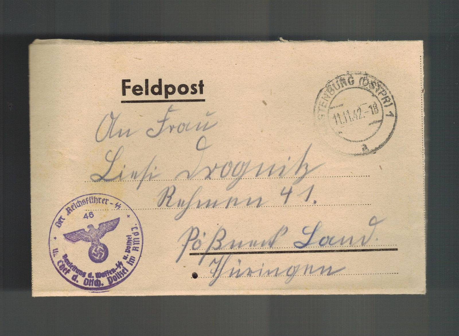 1942 Rastenburg Germany Waffen SS Feldpost Cover w letter East Prussia ...