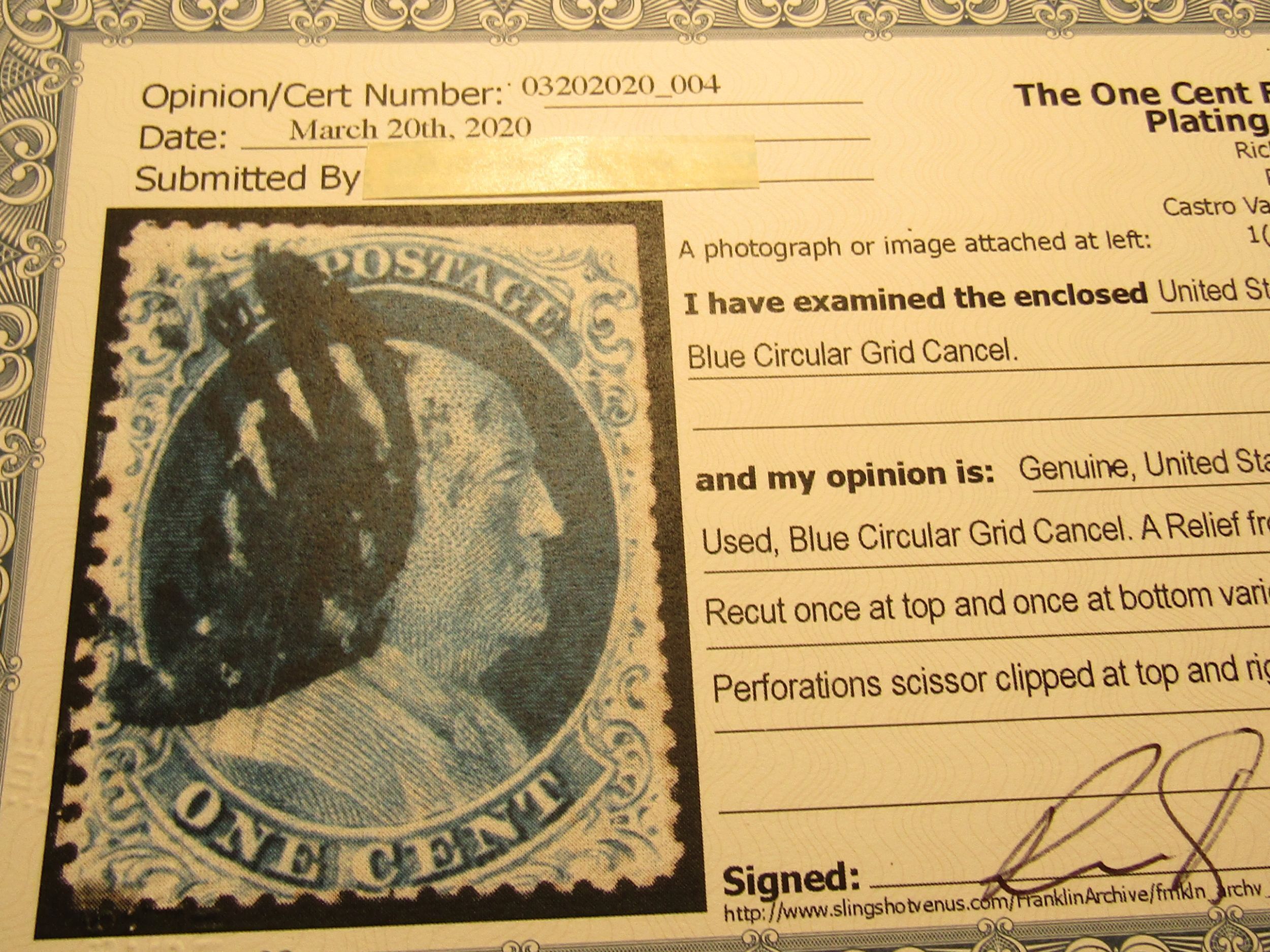 US Stamp, Scott #23 Used.. SCV $575.00, w/Certificate, Clipped at top ...