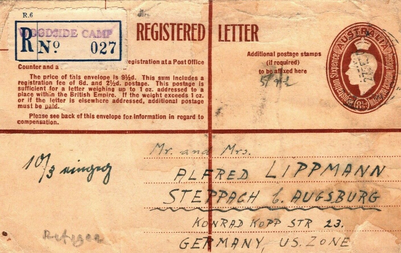 AUSTRALIA Cover *Woodside Camp* Registered Post-WW2 Refugee Germany ...
