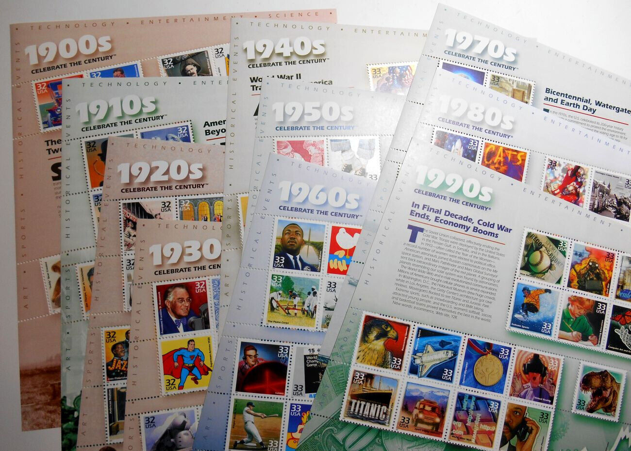 1998 CTC Celebrate the Century Sc 3182-3191 set of 10 MNH sheets of 15 ...