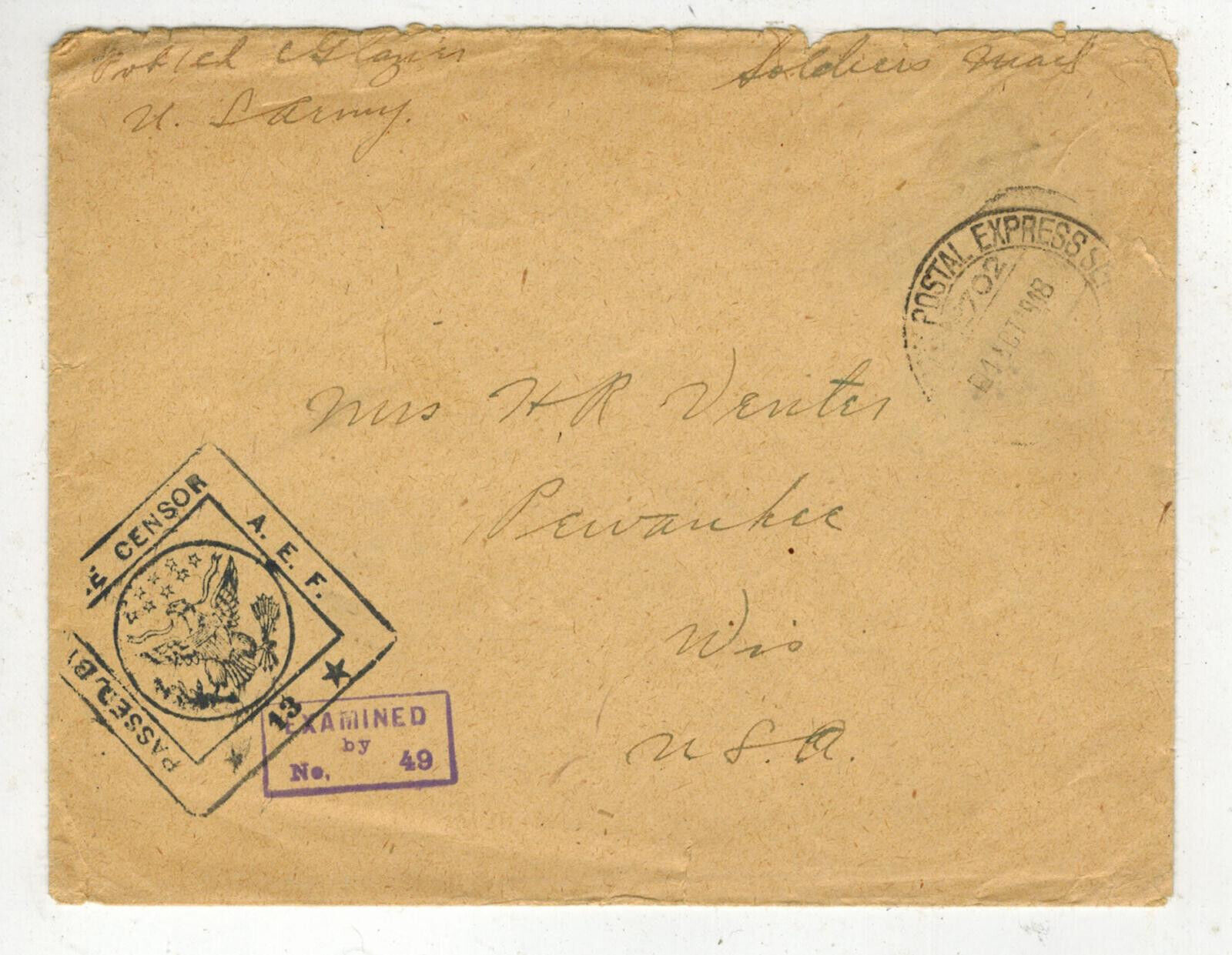 WW1 Patriotic 1918 APO 702 US Army Soldier Mail a.E.F Censor Marking ...