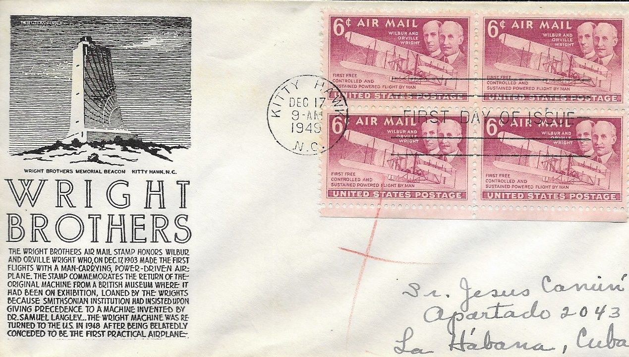 1949 Air Mail FDC, #C45, 6c Wright Brothers, Anderson, block of 4 ...