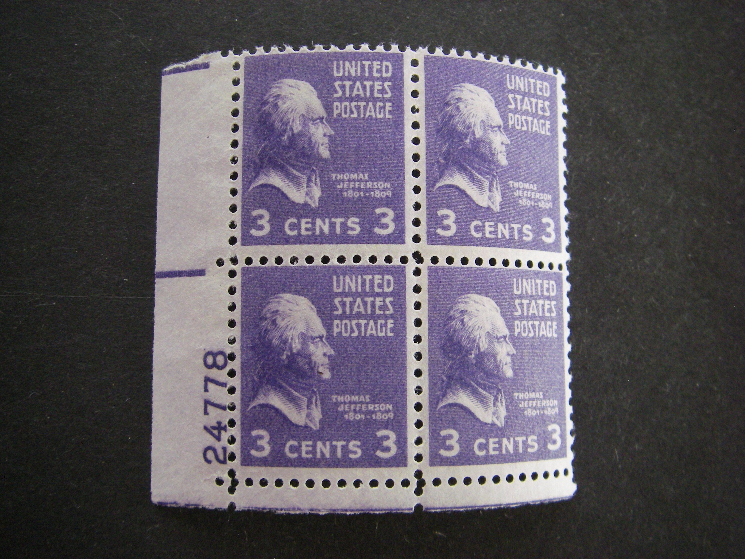 Scott 807, 3c Thomas Jefferson, PB4 #24778 LL, MNH Prexie Beauty ...