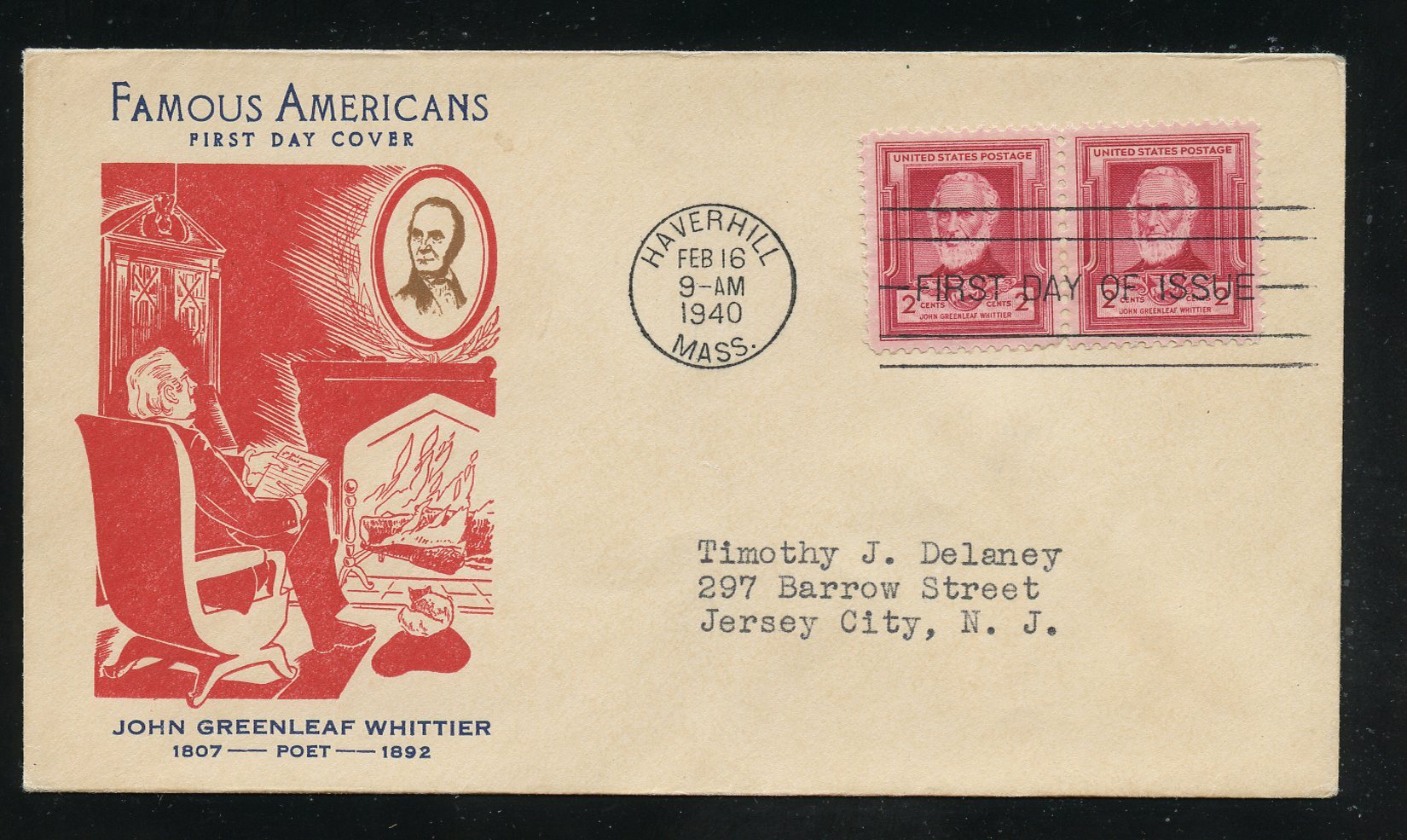 US 865 M=4 John Whittier Famous American Fidelity cachet FDC ADDR ...