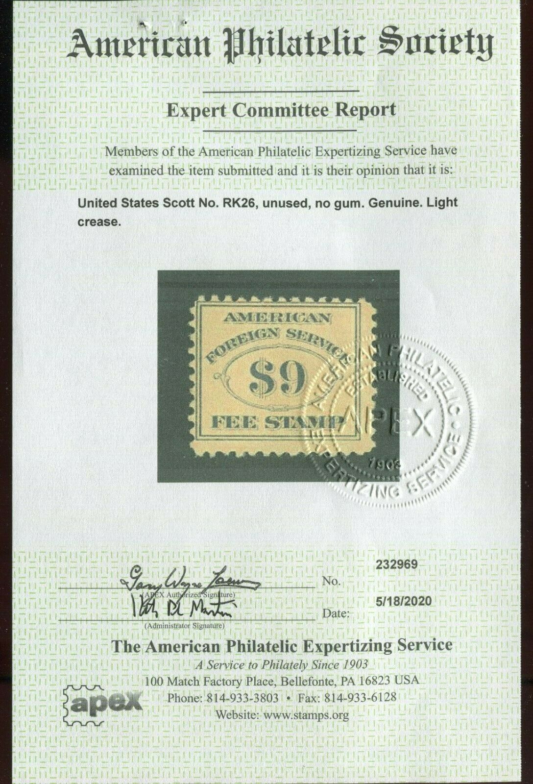 Scott RK26 Consular Fee American Foreign Service Revenue UNUSED Stamp w ...